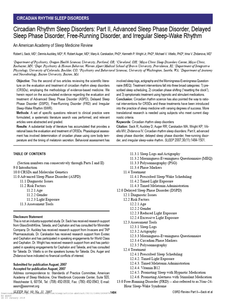 Circadian Rhythm Sleep Disorders Part II Advanced Sleep Phase Di 2007 ...