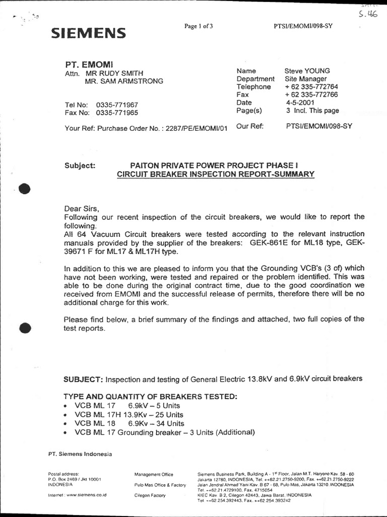 Siemens - Circuit Breaker Inspection Report Summary | PDF | Electricity ...