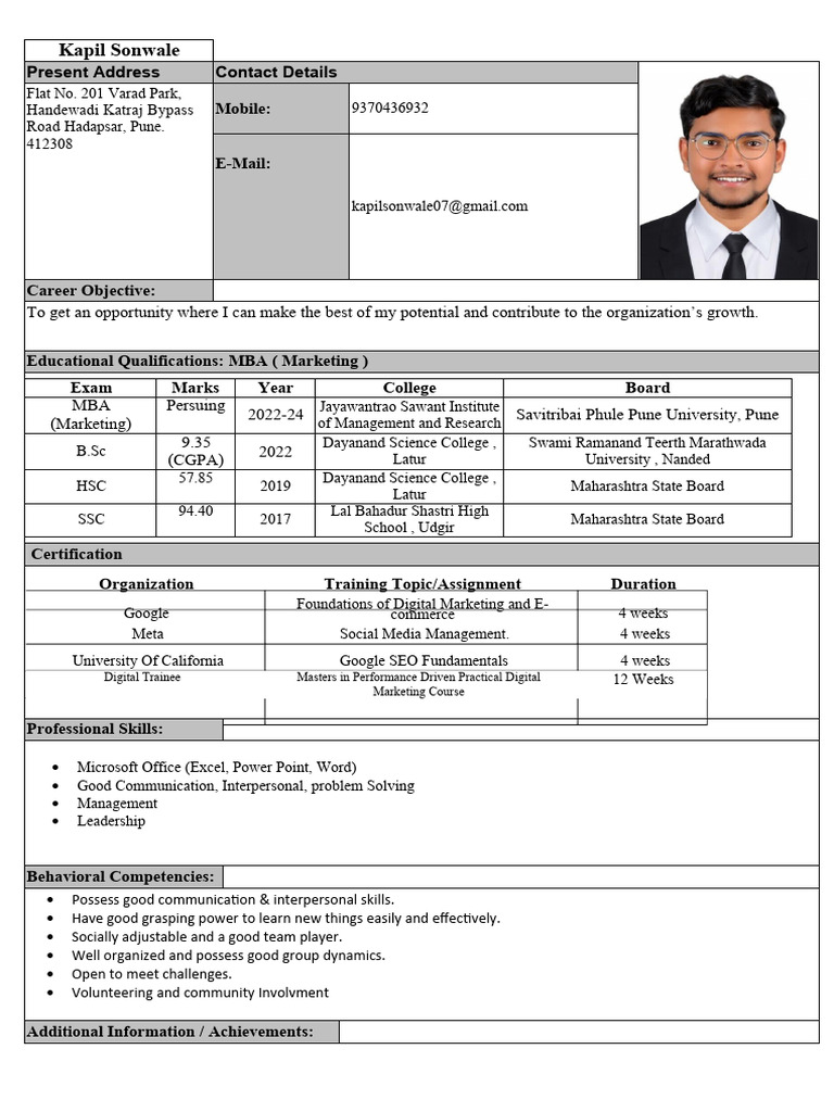 Kapil Sonwale Resume JSPM Final | PDF | Human Communication | Communication