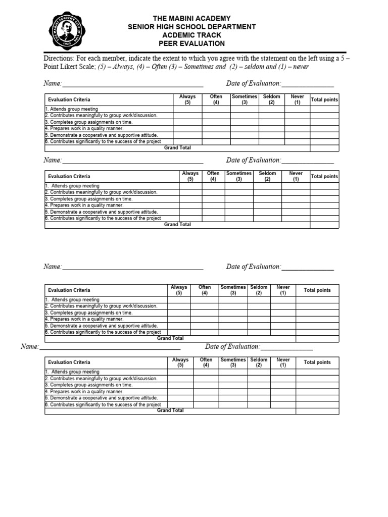 Peer Evaluation Form for Students | PDF | Psychology | Psychological ...