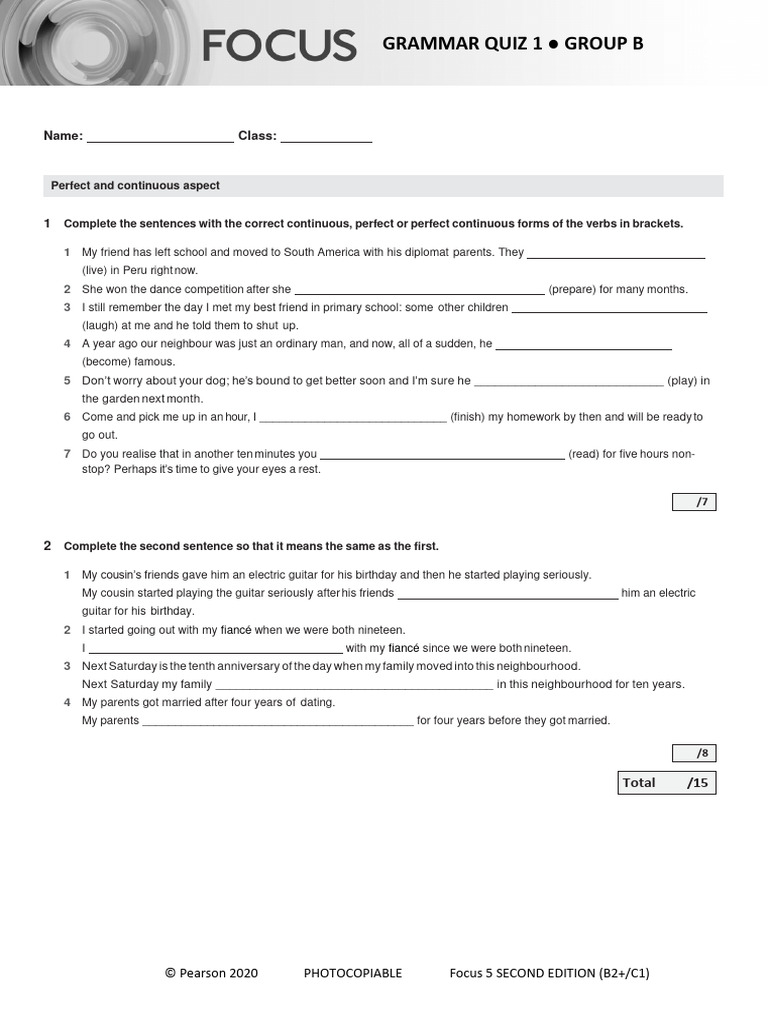 Focus 5 Unit 1 Test Group B Answers | PDF | Linguistics | Grammar