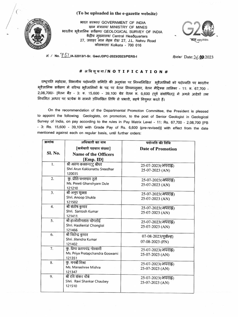 Notification For Promotion of SR Geologist 2023 | PDF