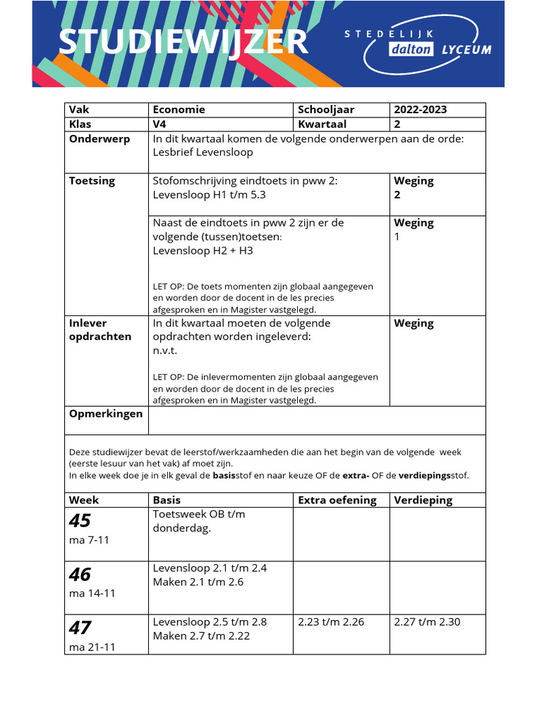STUDIEWIJZER ECO V4 Kwartaal 2 22-23 | PDF