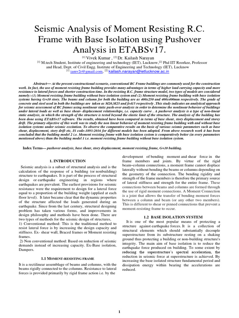 Seismic Analysis Of R C Framed Building With Pushover Analysis On Etabs Pdf Earthquake
