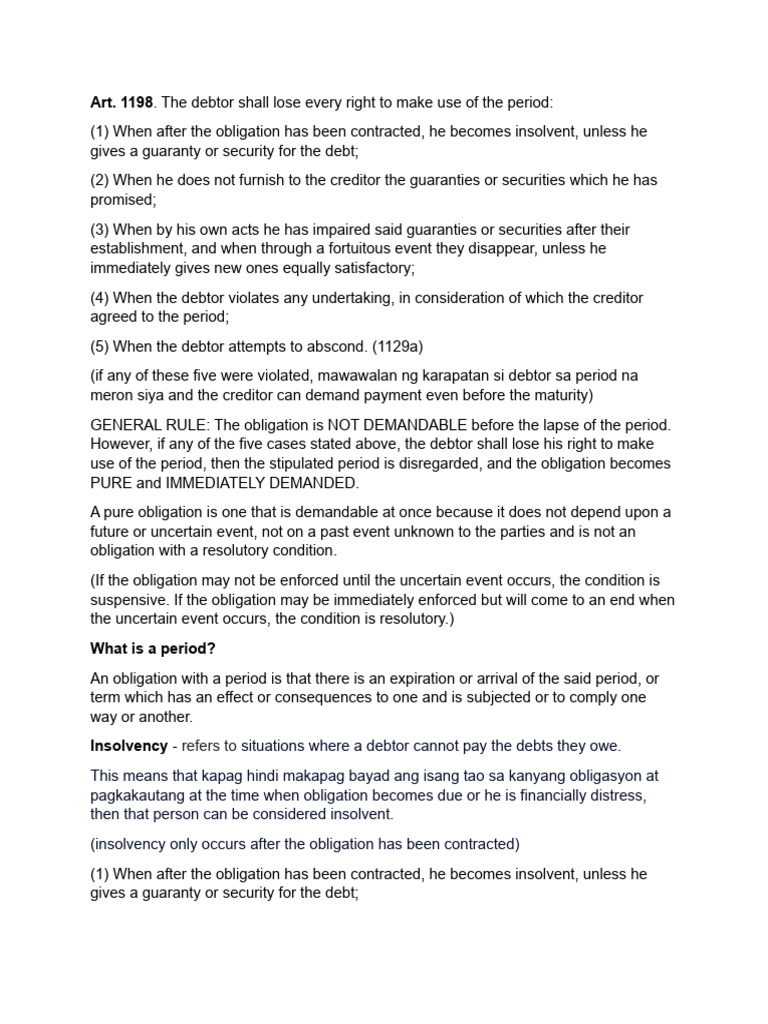 Oblicon Article 1198 | PDF | Guarantee | Bankruptcy