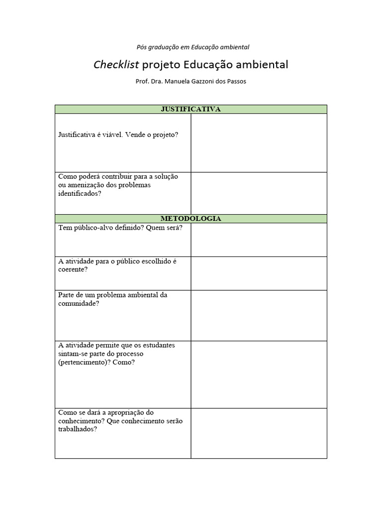 Checklist para Projetos de Educação Ambiental | PDF