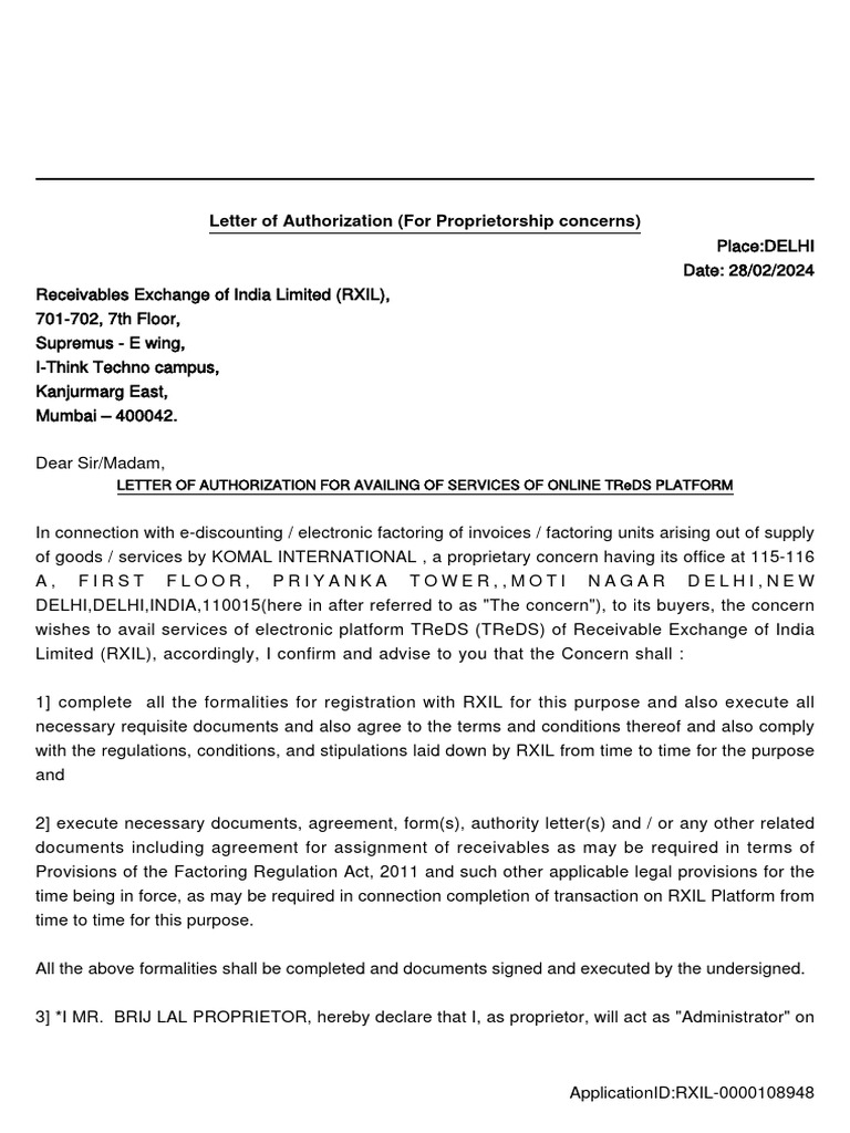 Authorization for RXIL TReDS Services | PDF | Factoring (Finance ...