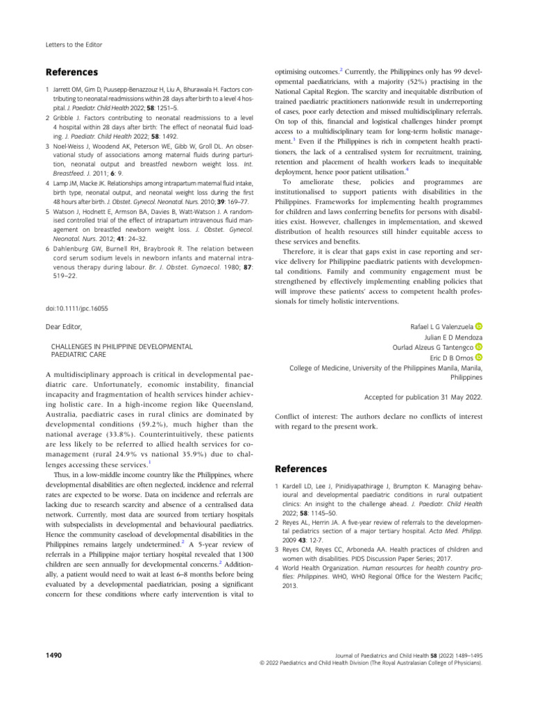 J Paediatrics Child Health - 2022 - Valenzuela - Challenges in Philippine Developmental ...
