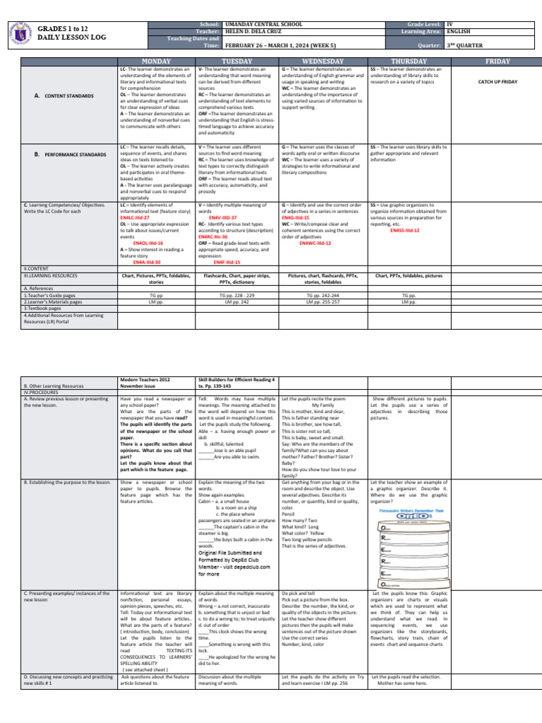 DLL - English 4 - Q3 - W5 | PDF