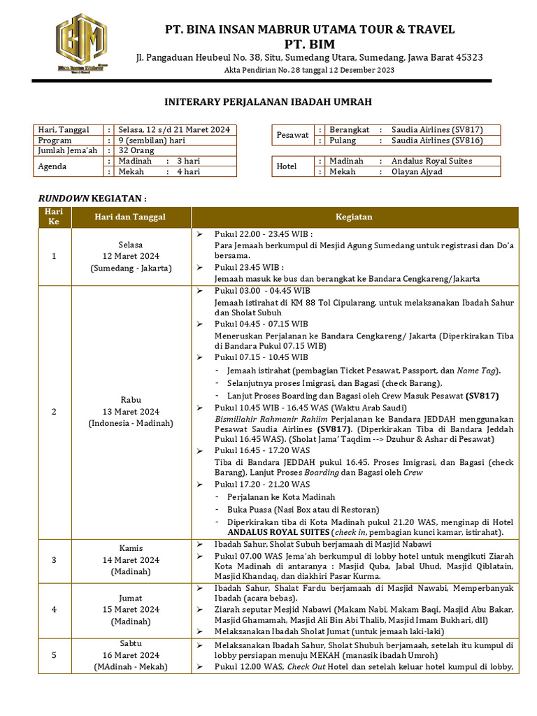 Itinerary Umroh 13 Maret 2024 - 9 Hari | PDF