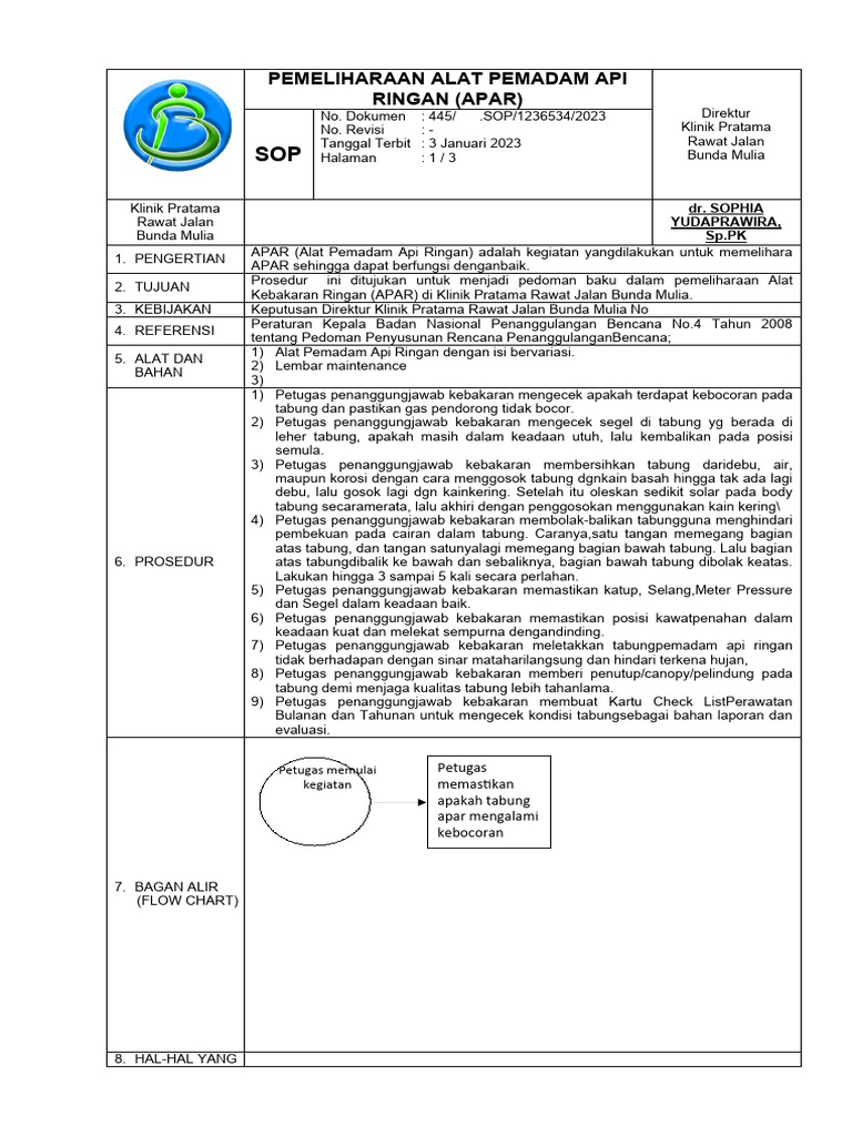 EP 1.3.7 SOP Pemeliharaan APAR KPRJ BUNDA MULIA 2023 | PDF
