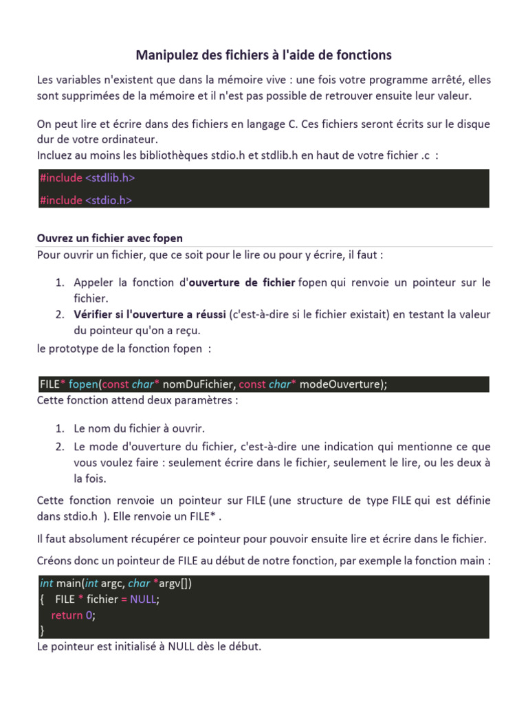 Manipulation de fichiers en C : Guide complet | PDF | Pointeur (programmation) | Développement ...