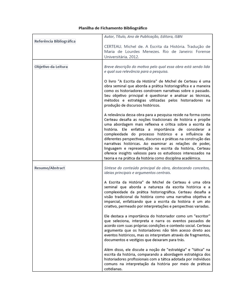 Planilha de Fichamento Bibliográfico | PDF | Historiografia | Abstract ...