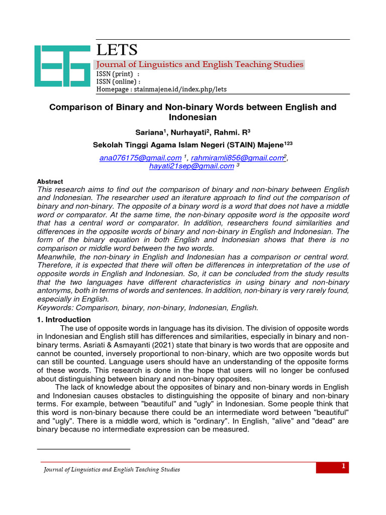Comparison Between Binary and Non Binary in English and Bahasa | PDF ...