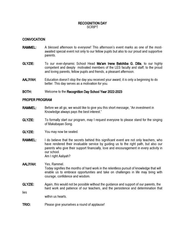 Fourth Quarter Recognition Day Script | PDF