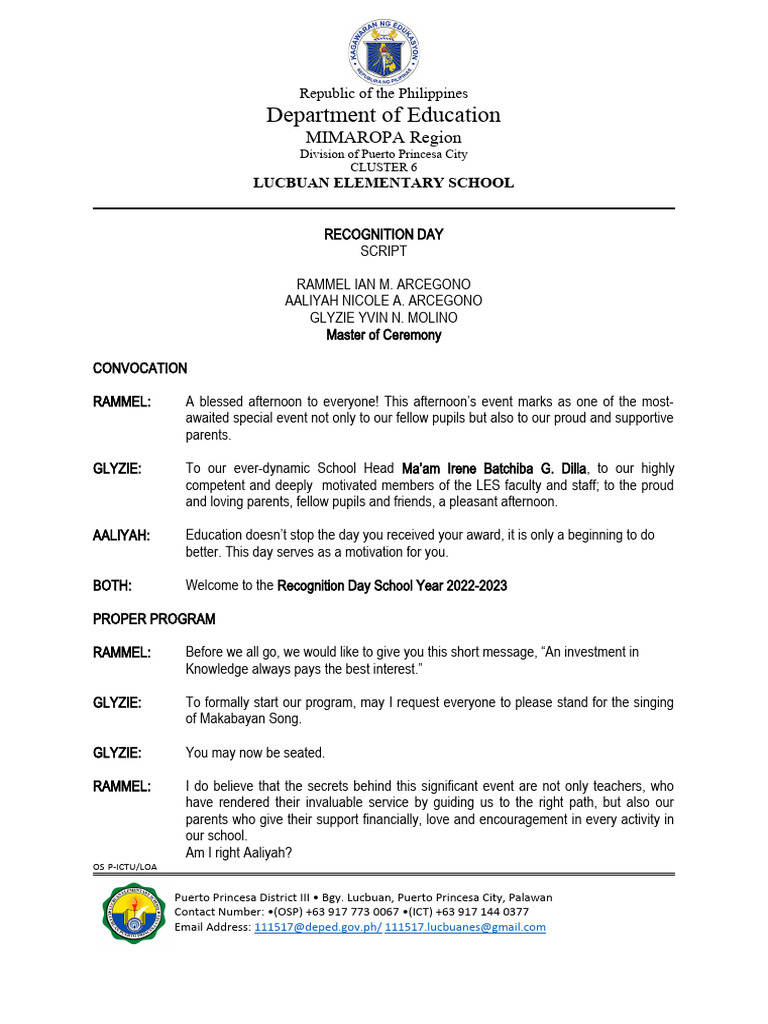 Recognition Day Script | PDF | Wellness