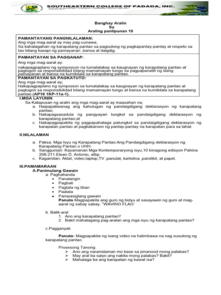 Lesson Plan Aral Pan 10 UDHR | PDF
