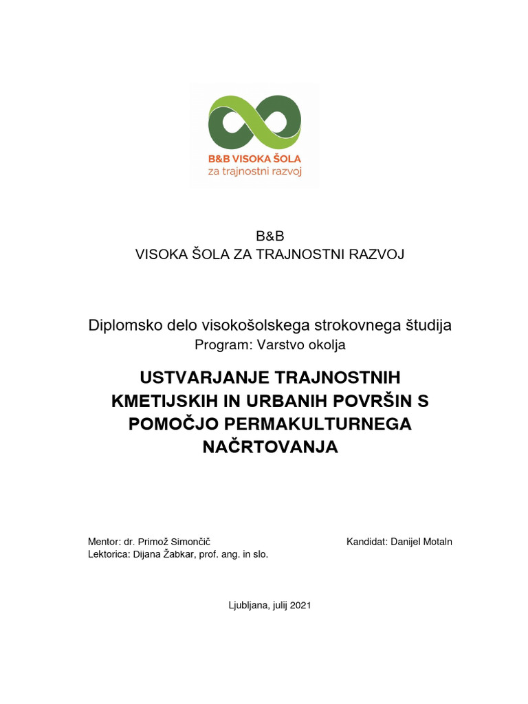 Danijel Motaln - Permakulturno Načrtovanje Kmetijskih in Urbanih Površin - Diplomska Naloga | PDF