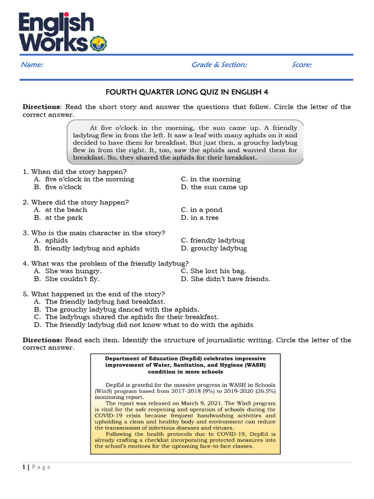 4TH Quarter Long Quiz - Grade 4 | PDF