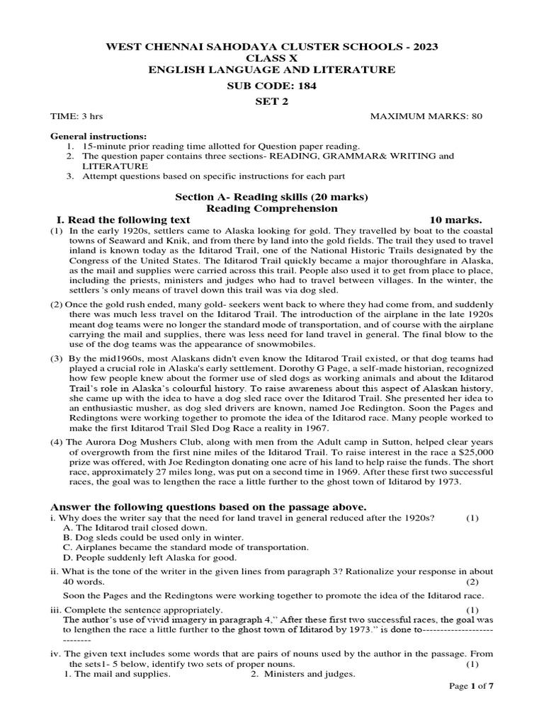 STD X English Set Ii QP | PDF | Iditarod Trail Sled Dog Race