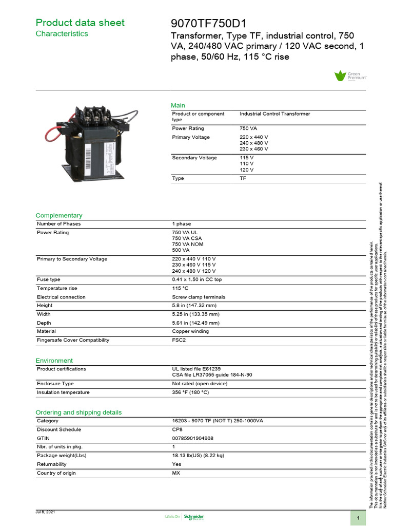 Product Data Sheet | PDF | Alternating Current | Transformer