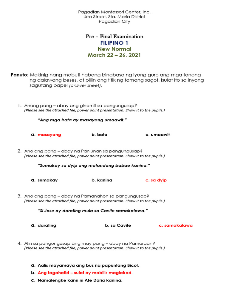 Pre Final Exam Filipino | PDF