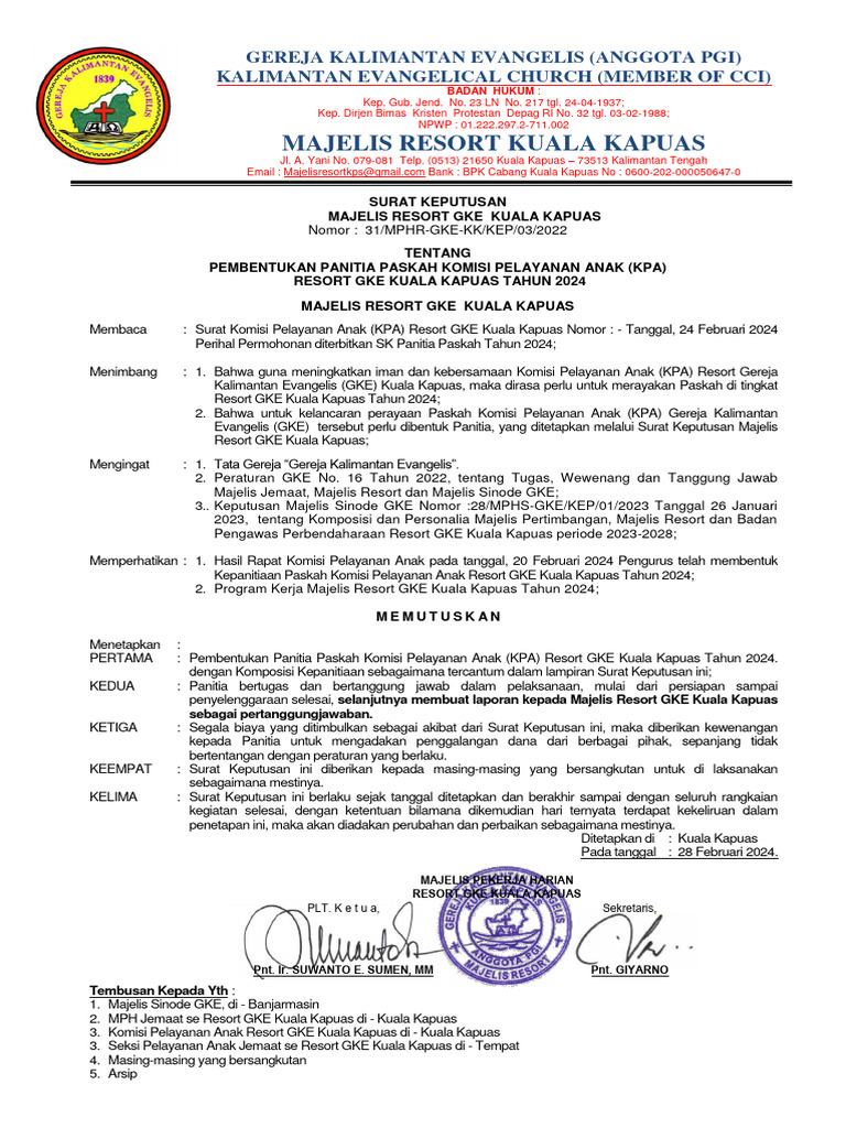 Pembentukan Panitia Paskah KPA 2024 | PDF