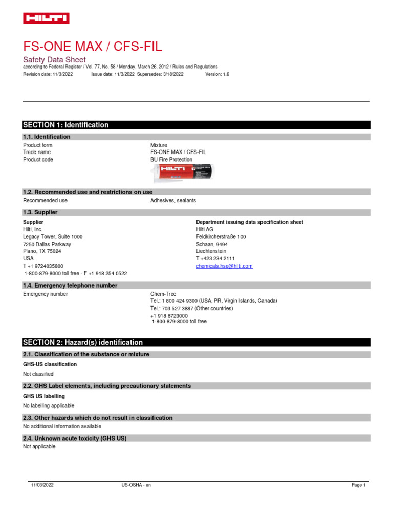 Material Safety Datasheet FS ONE MAX CFS FIL New EN Material Safety Datasheet IBD WWI ...