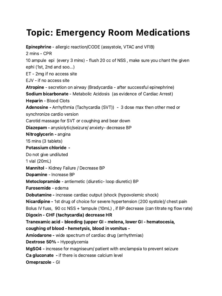 Emergency Room Medications | PDF | Heart | Heart Failure