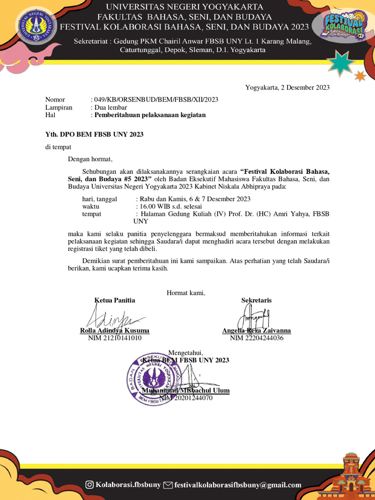 049 - Pemberitahuan Pelaksanaan Kegiatan - DPO BEM FBSB UNY - FESBUD 2023 | PDF