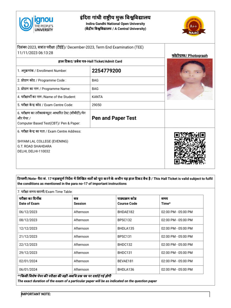 Ignou December-2023 - Hall Ticket - Admit Card | PDF