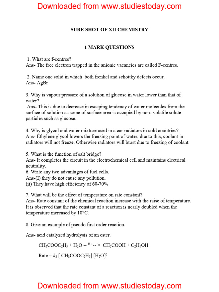 CBSE Class 12 Chemistry Sure Shot Questions | PDF | Anode | Chemical ...
