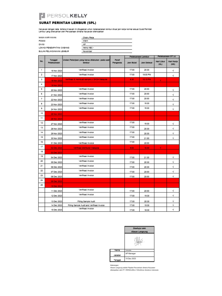 Chairu Reza - Surat Perintah Lembur Dan Absen Nov 2023 Update Sampai 15 Des | PDF