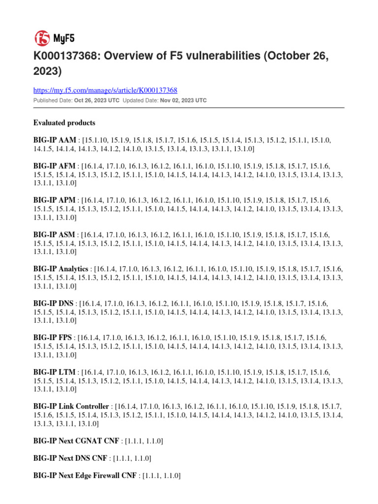 Overview of F5 Vulnerabilities (October 26, 2023) | PDF | Software | Cyberspace