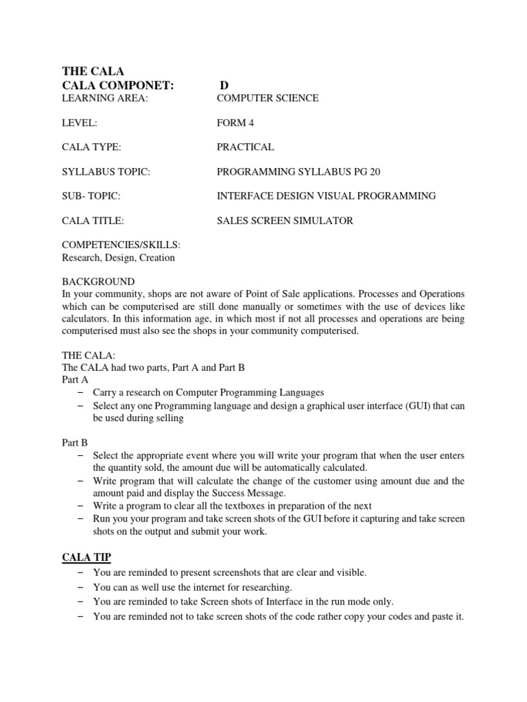 CALA CS Ordniary Level D | PDF | Graphical User Interfaces | Programming