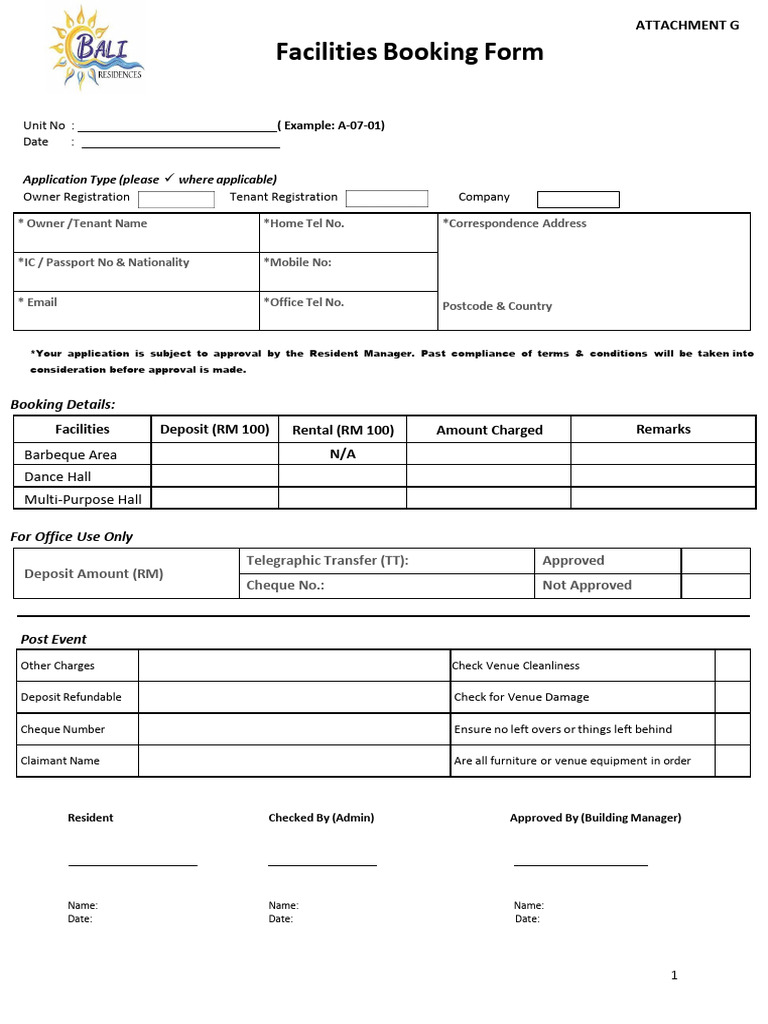 Facilities Booking Form for Residents | PDF | Cheque