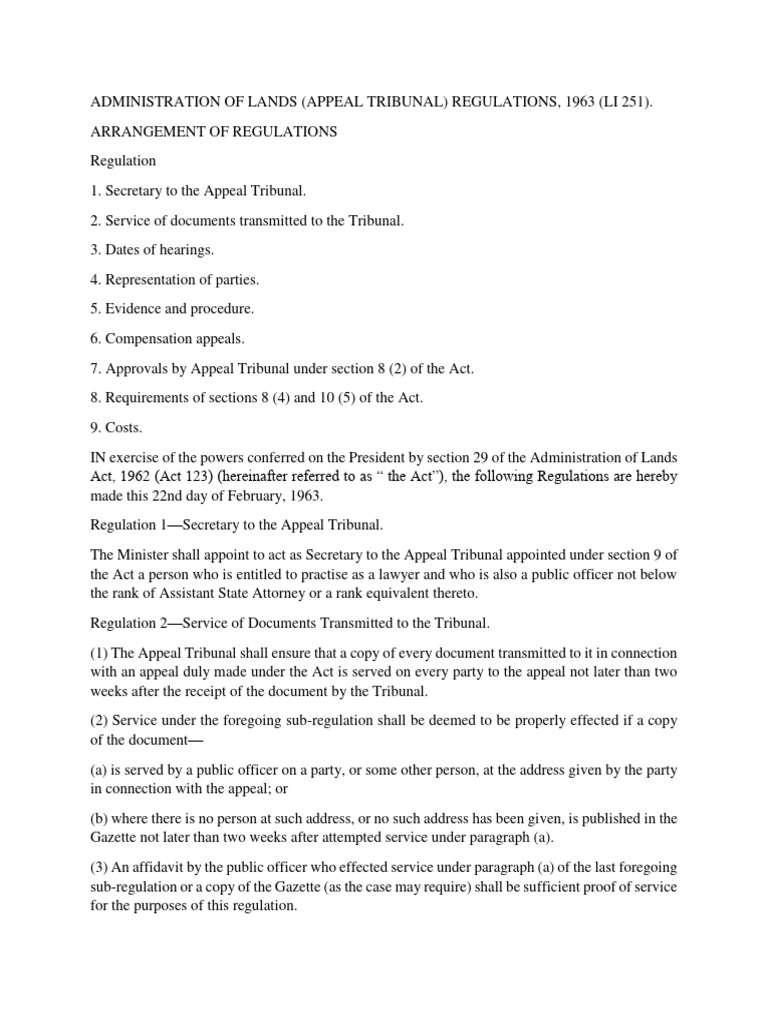 Administration of Lands (Appeal Tribunal) Regulations, 1963 (Li 251 ...