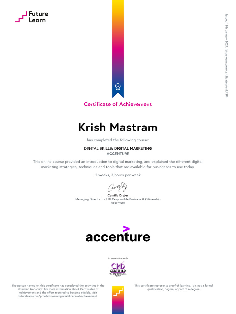 Digital Skills Digital Marketing Certificate Of Achievement Omk439h