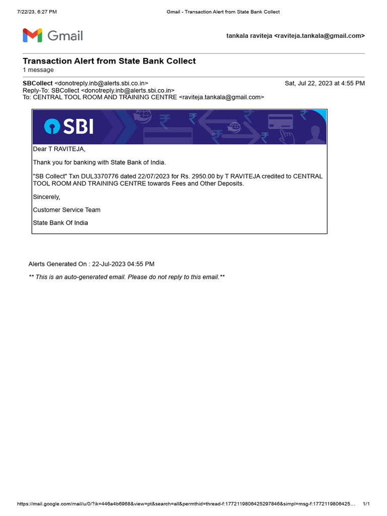 Gmail - Transaction Alert From State Bank Collect | PDF