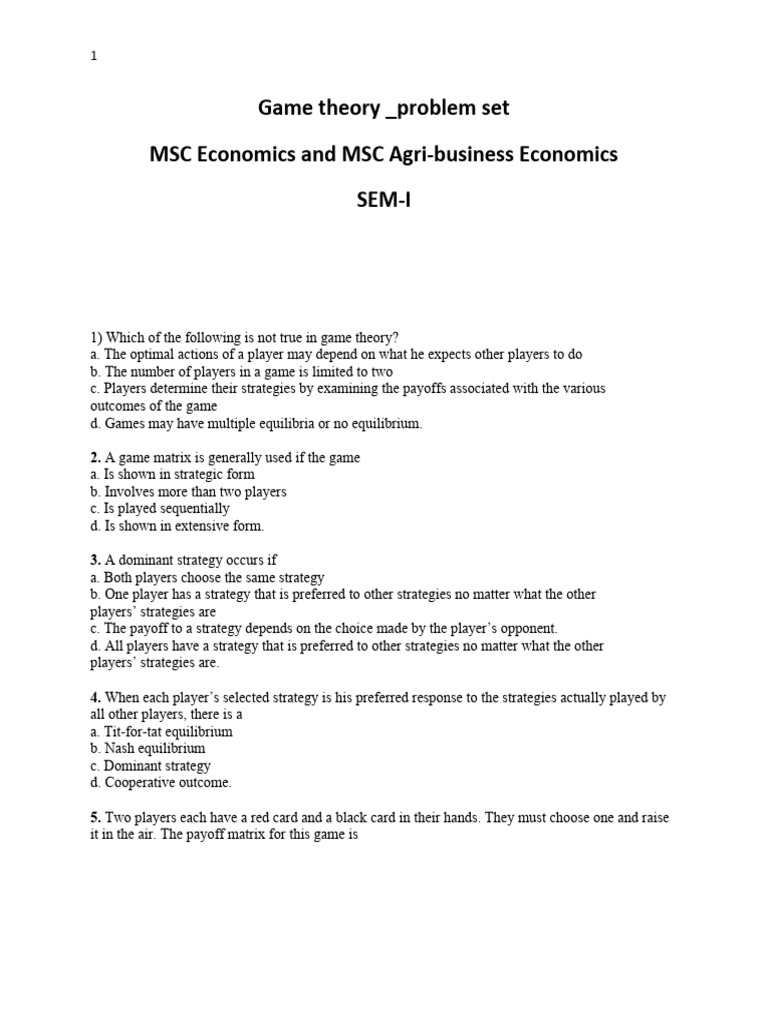 GAme Theory Problem Set | PDF | Game Theory | Economics Of Uncertainty