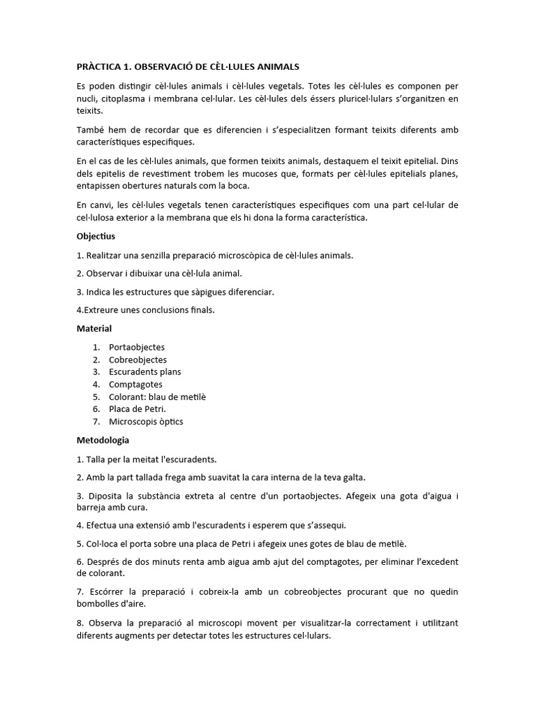 Practica 1 Observacio Cel Animals | PDF