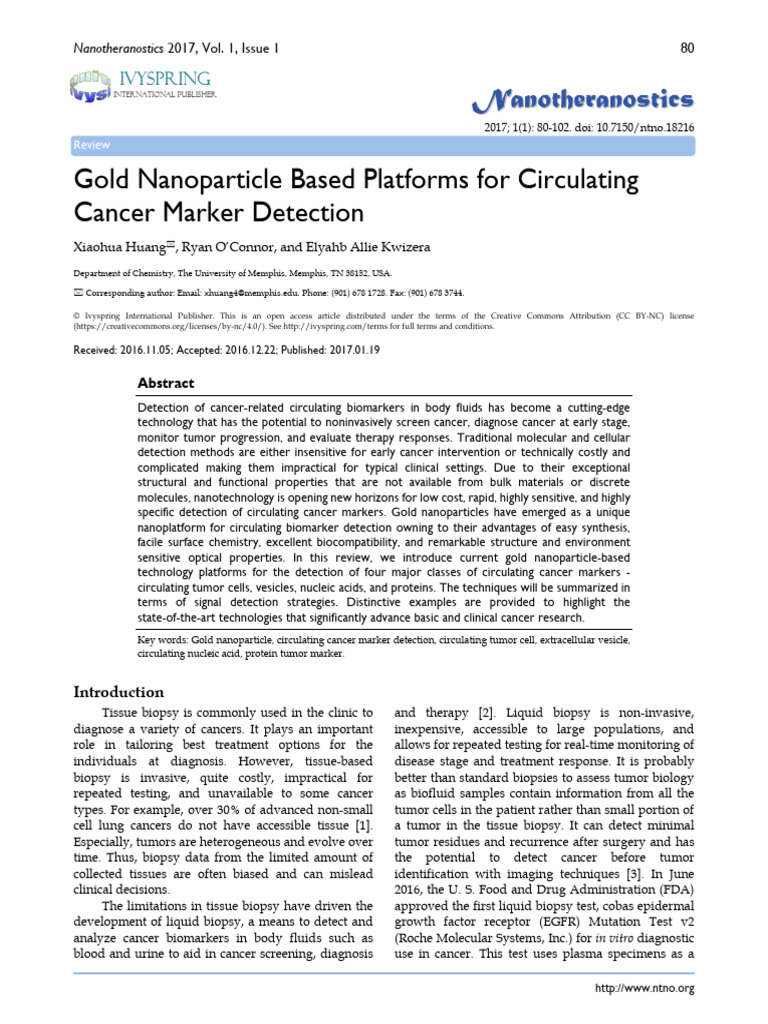 Gold Nanoparticle Based Platforms For Circulating Cancer Marker Detection | PDF | Biopsy | Biomarker