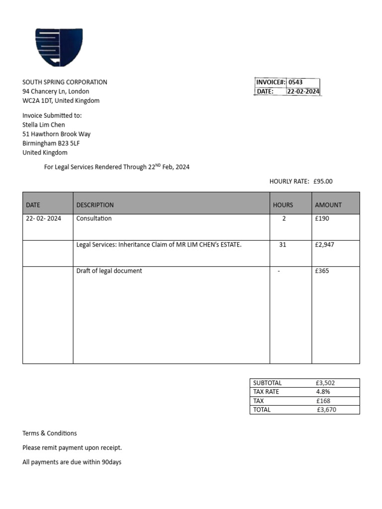 South Spring Corp Invoice for Legal Services | PDF