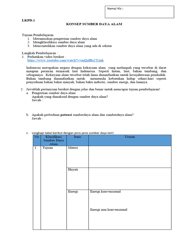 LKPD 1. Konsep Sumber Daya Alam | PDF