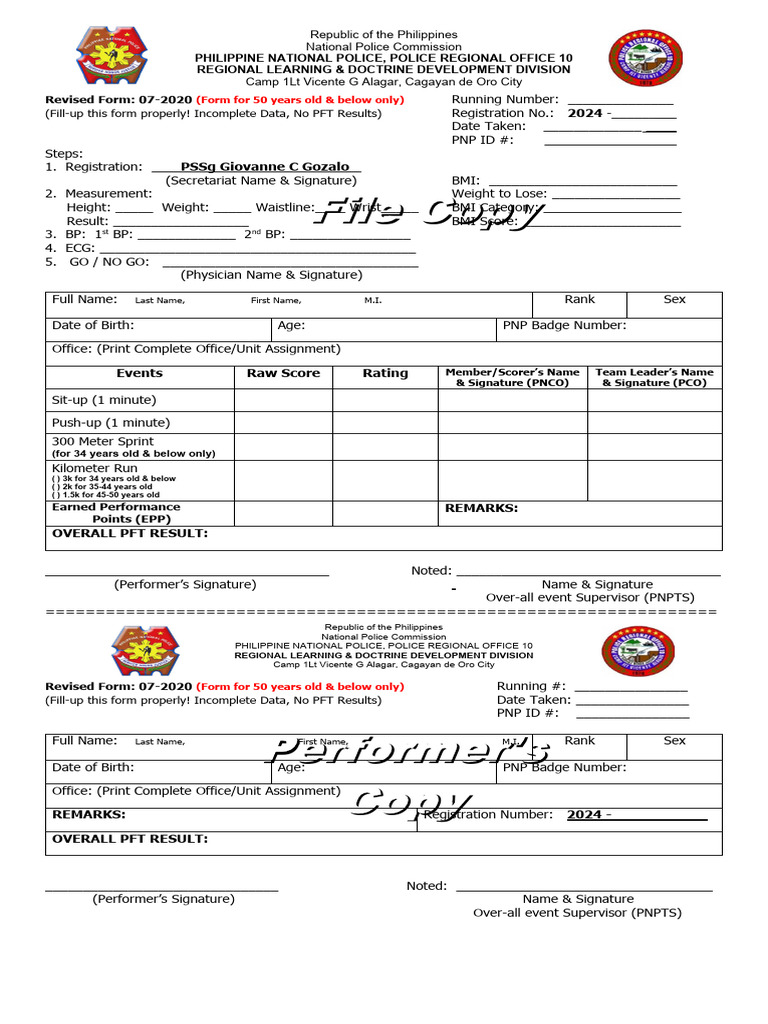 New PFT Form 2020 50 Yrs Old and Below 1 | PDF | Law Enforcement ...