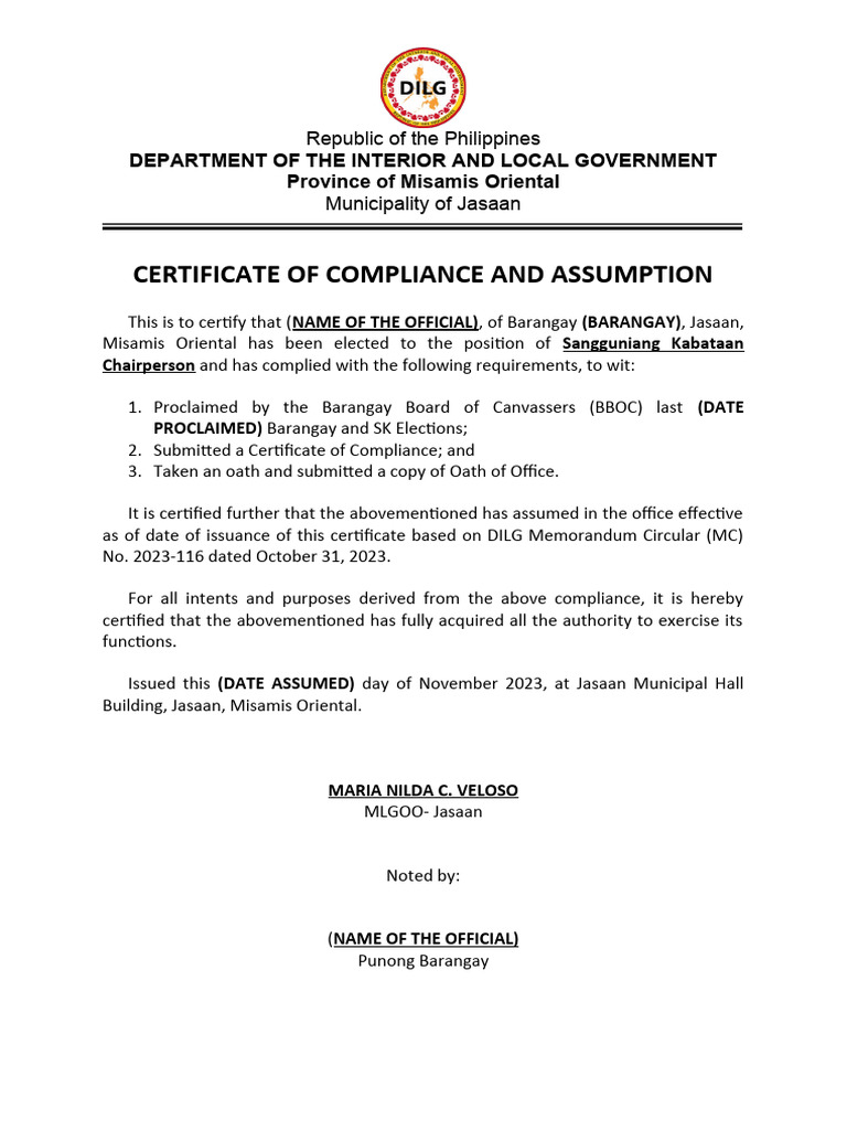 Assumption To Office Barangay SK Template | PDF | Governance | Local ...
