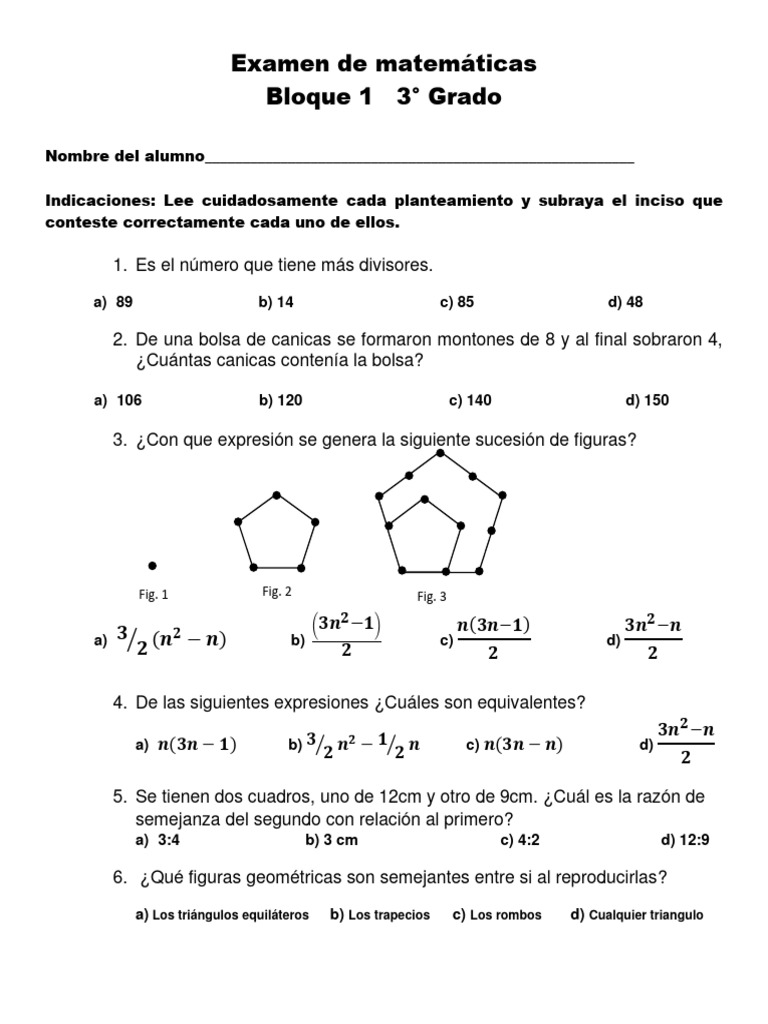 Examen Matemáticas 3° Grado | PDF | Formas geométricas | Euclides