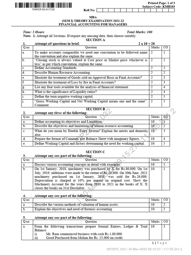 Financial Accounting Exam Paper 2021-22 | PDF | Financial Accounting ...