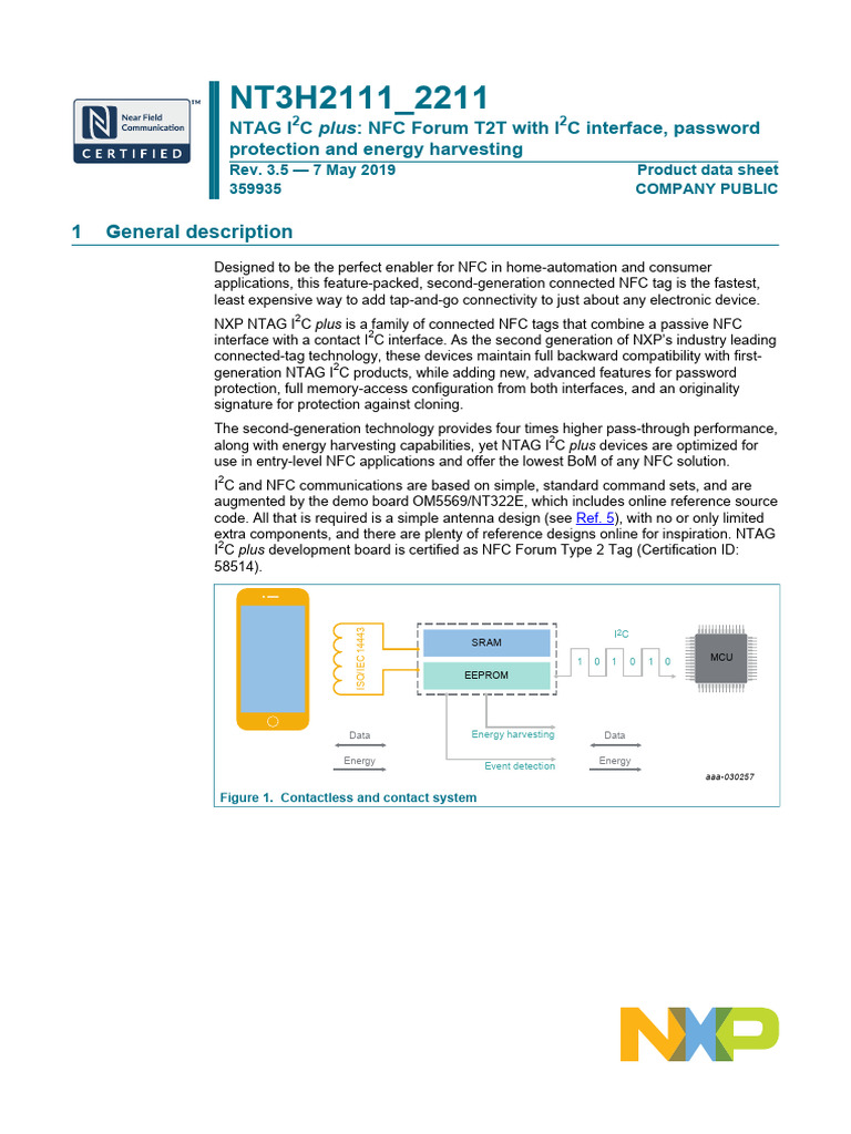 NTAG I2C Plus: NFC Tag with I2C Interface | PDF | Computer Memory | Bit