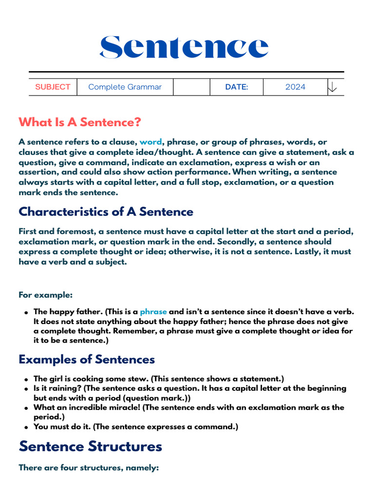 Sentence | PDF | Sentence (Linguistics) | Subject (Grammar)